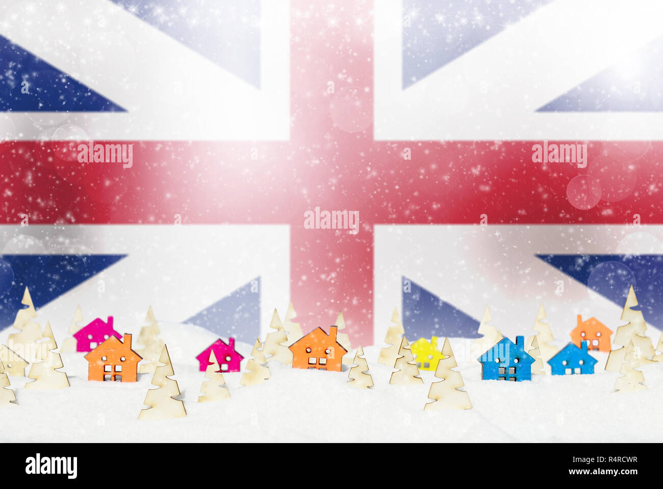 Christmas background with England flag, small wooden houses, Christmas ...