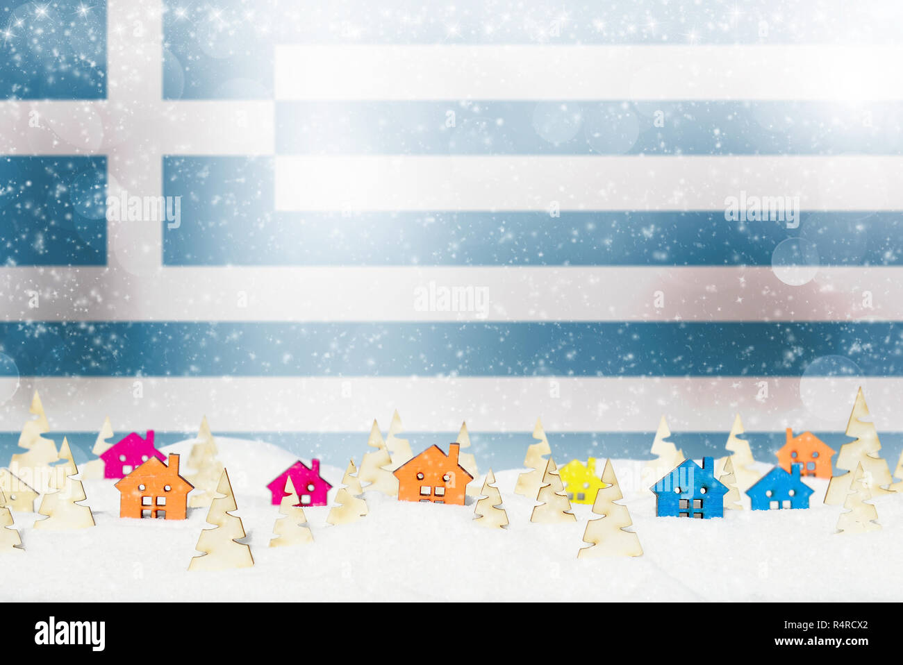 Christmas background with Greek flag, small wooden houses, Christmas ...