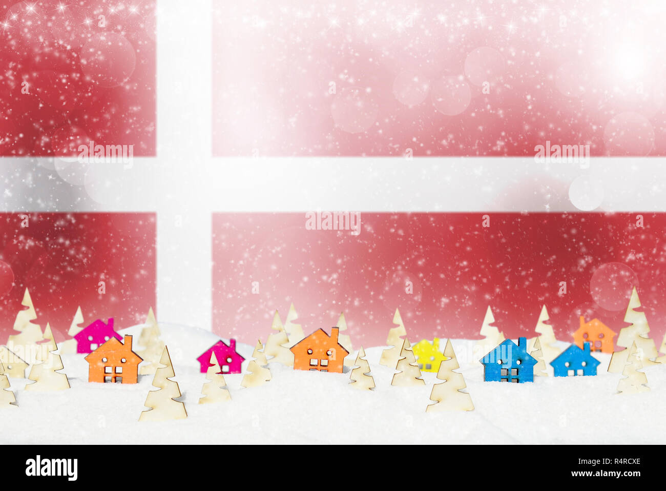 Christmas background with Danish flag, small wooden houses, Christmas ...