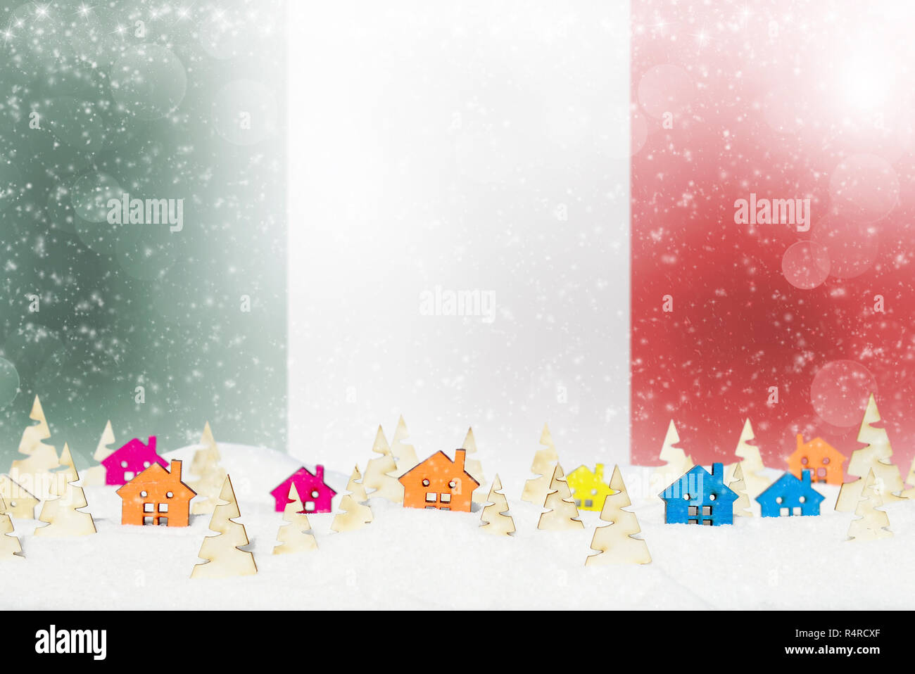 Christmas background with Italian flag, small wooden houses, Christmas ...