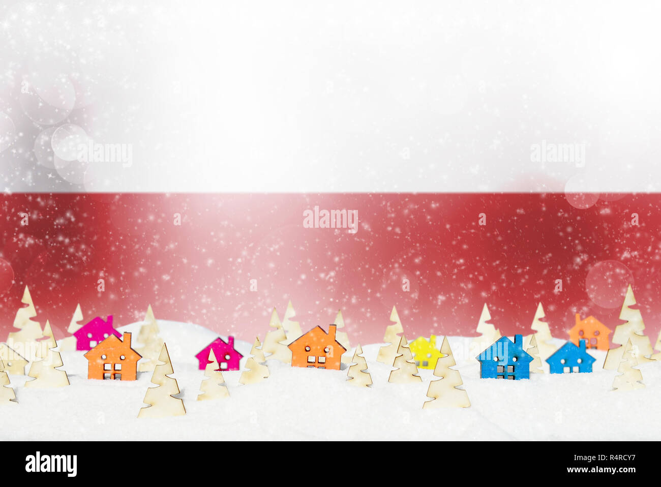 Christmas background with Polish flag, small wooden houses, Christmas ...