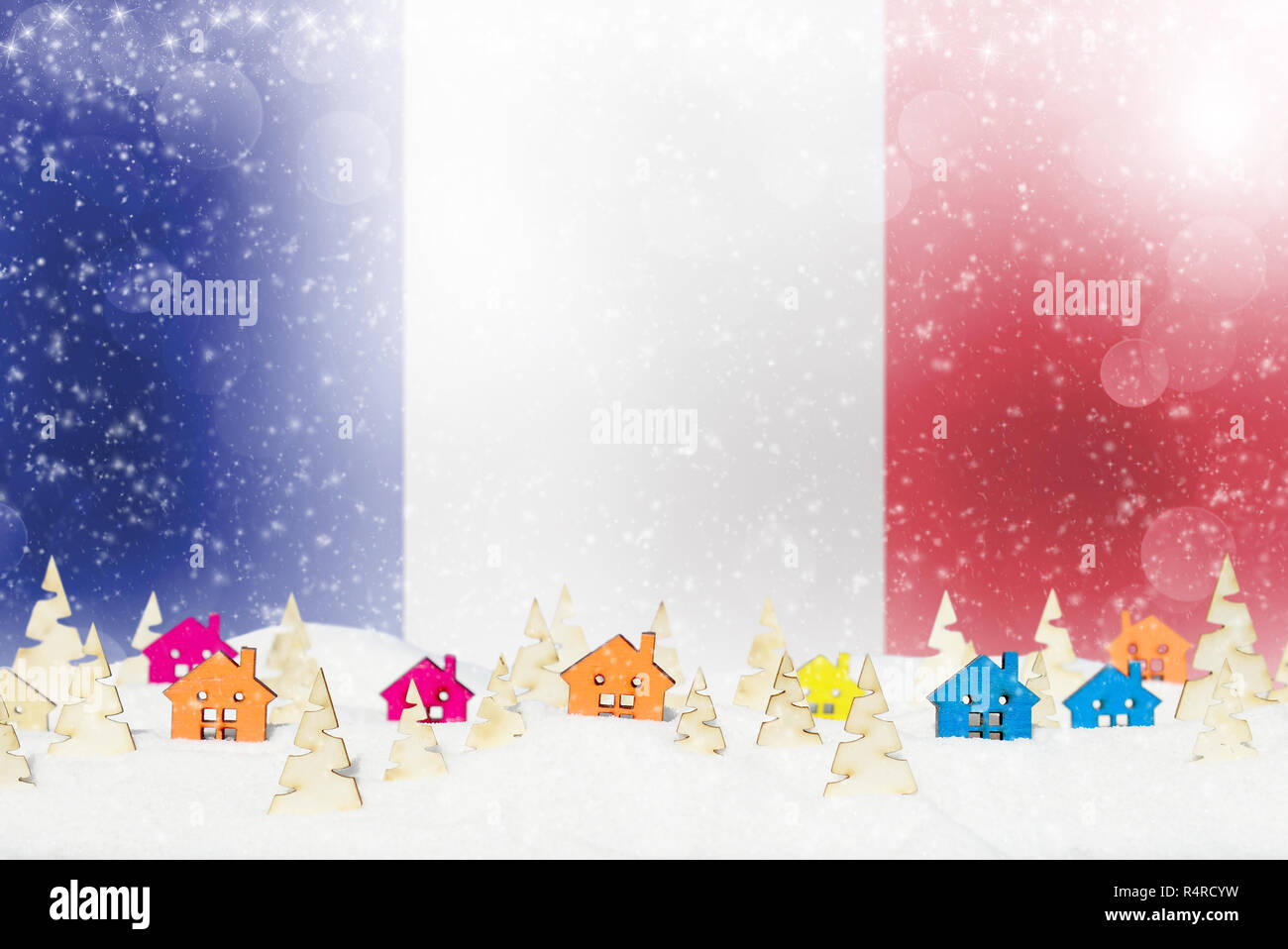 Christmas background with French flag, small wooden houses, Christmas ...