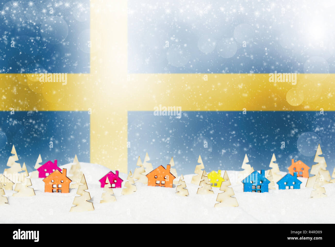 Christmas background with Swedish flag, small wooden houses, Christmas ...