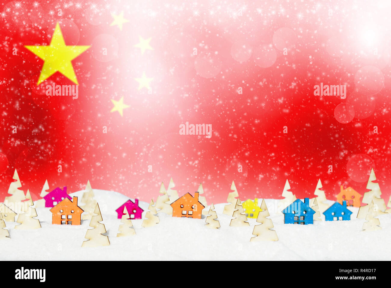 Christmas background with Chinese flag, small wooden houses, Christmas ...