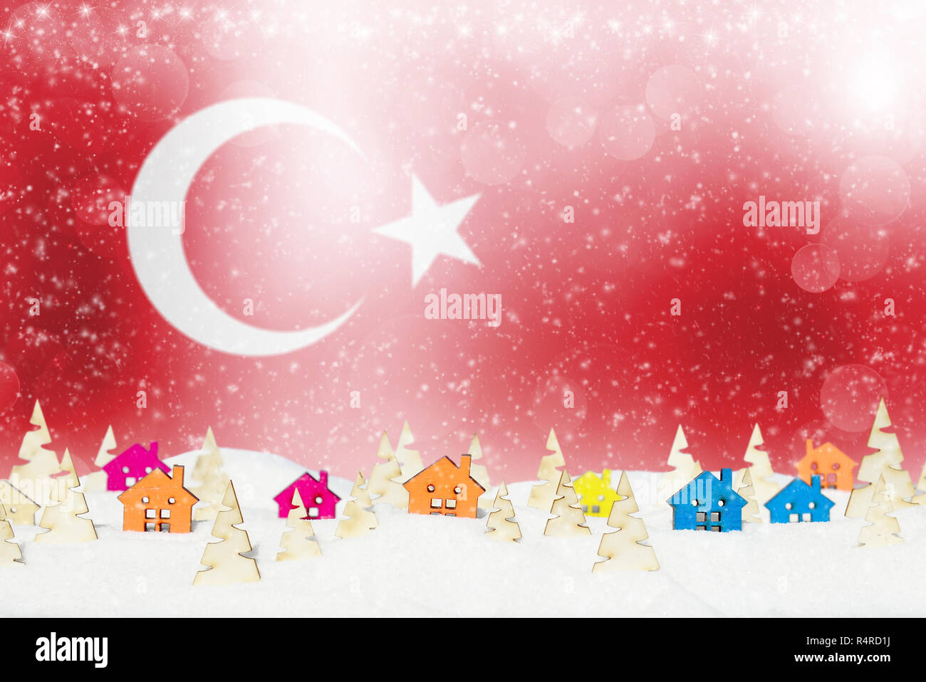 Christmas background with Turkish flag, small wooden houses, Christmas ...
