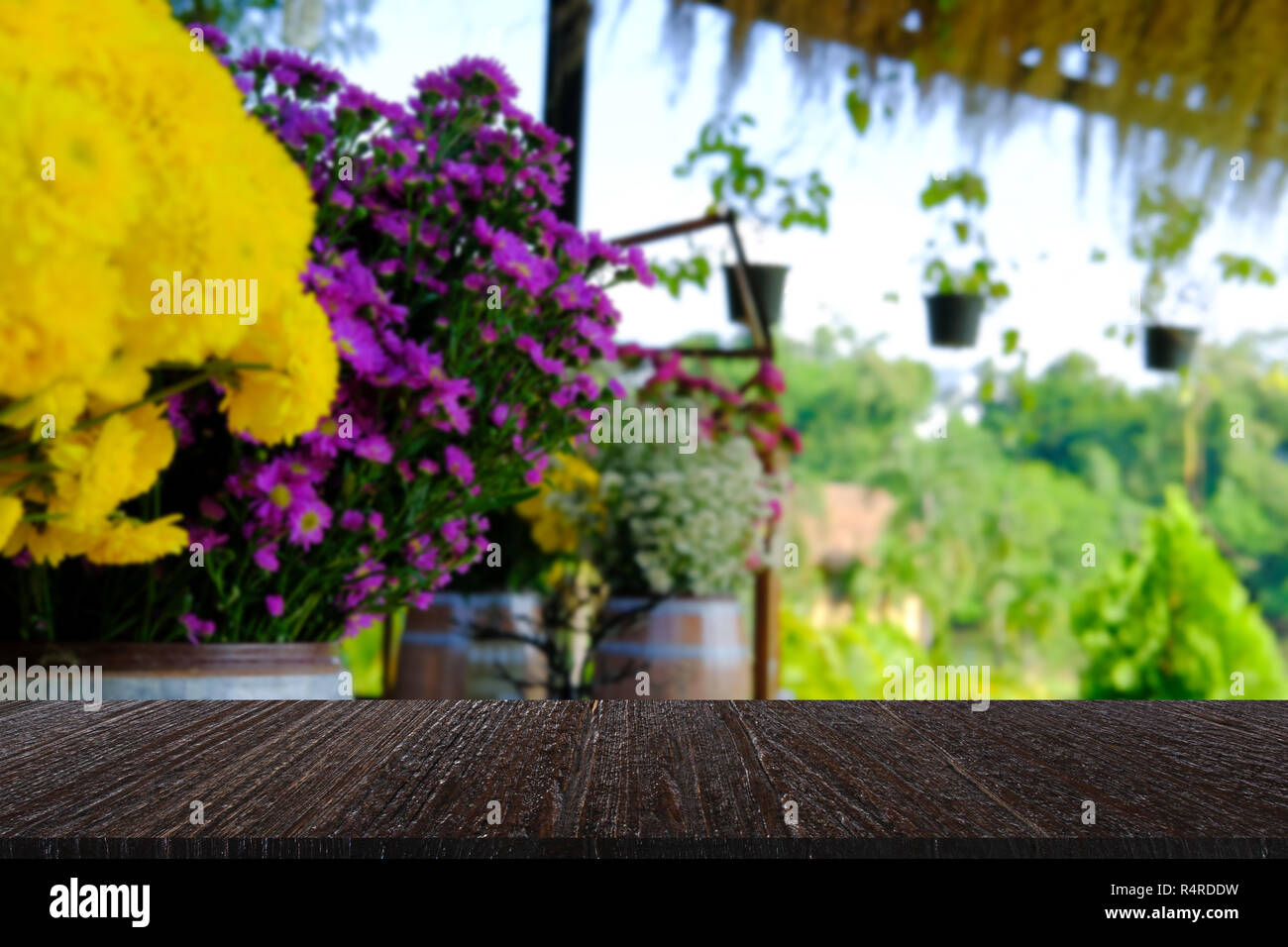 colorful flora bouquet decorating at small flower shop with wood table ...