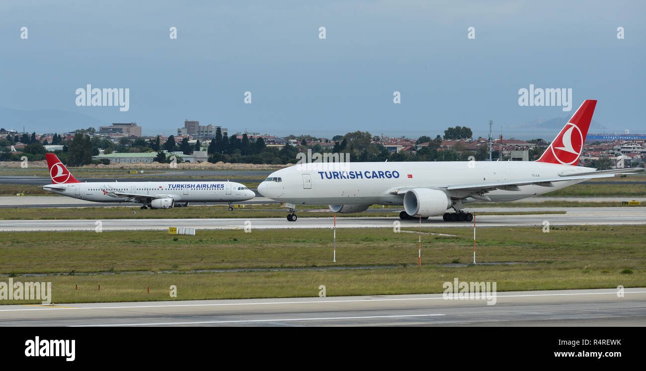 Istanbul, Turkey - Sep 30, 2018. Passenger airplanes on runway of ...