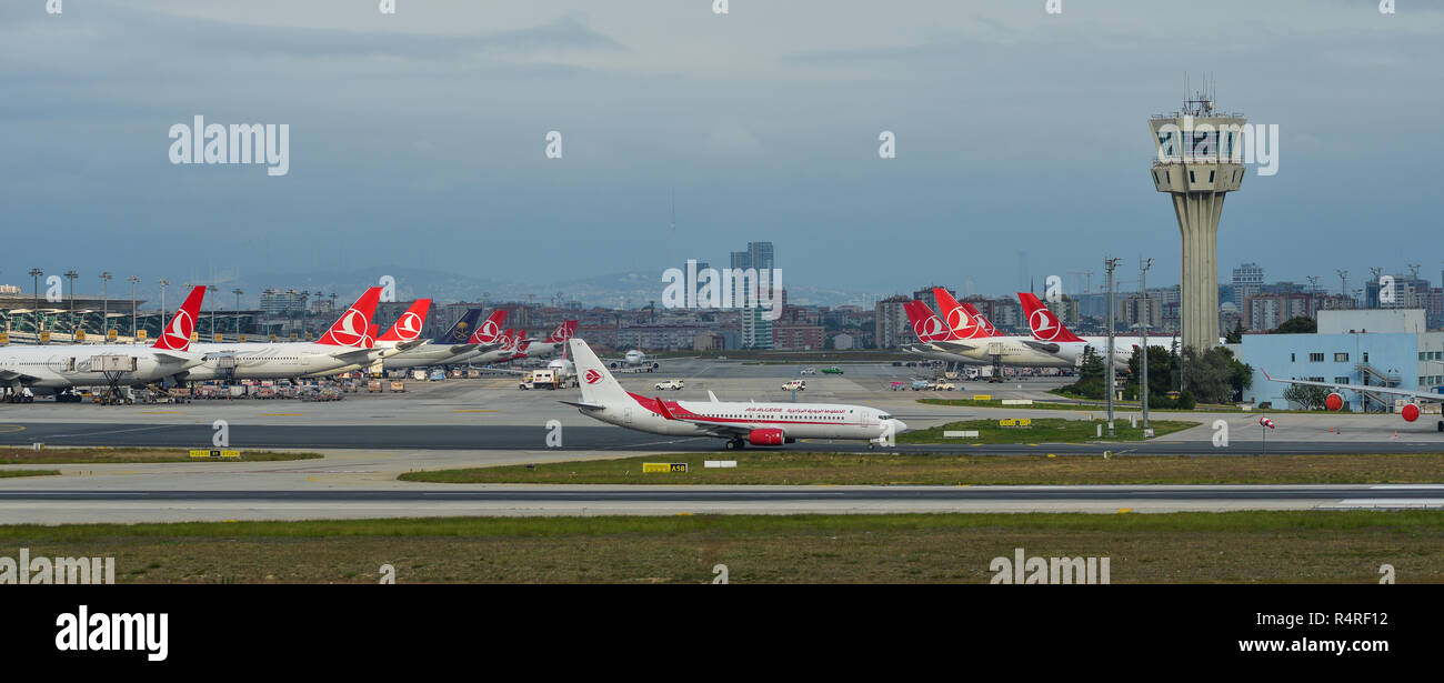 Istanbul, Turkey - Sep 30, 2018. Passenger airplanes on runway of ...