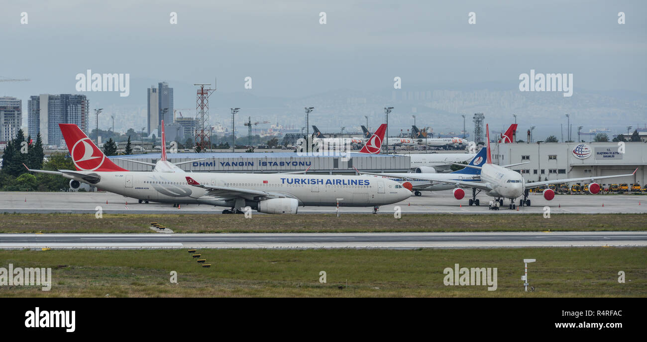 Istanbul, Turkey - Sep 30, 2018. Passenger airplanes on runway of ...
