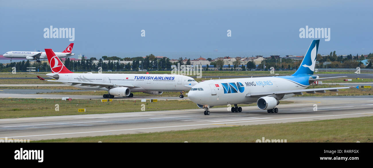 Istanbul, Turkey - Sep 30, 2018. Passenger airplanes on runway of ...