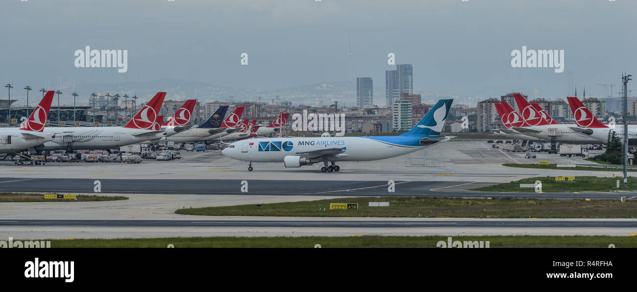 Istanbul, Turkey - Sep 30, 2018. Passenger airplanes on runway of ...