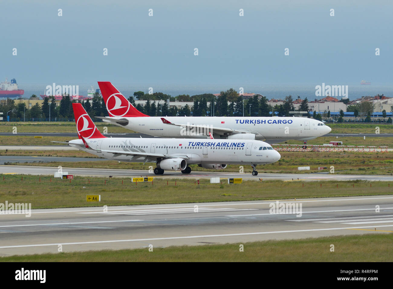 Istanbul, Turkey - Sep 30, 2018. Passenger airplanes on runway of ...