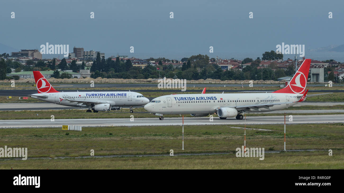 Istanbul, Turkey - Sep 30, 2018. Passenger airplanes on runway of ...