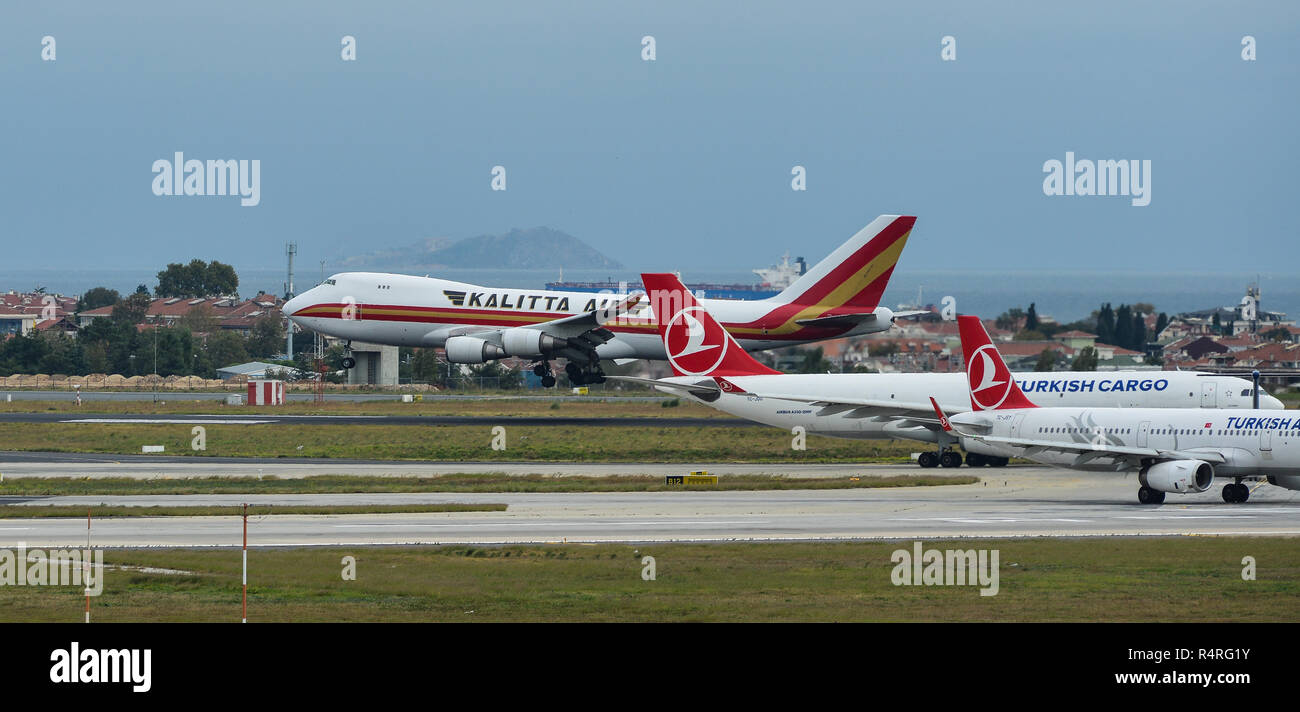 Istanbul, Turkey - Sep 30, 2018. Passenger airplanes on runway of ...