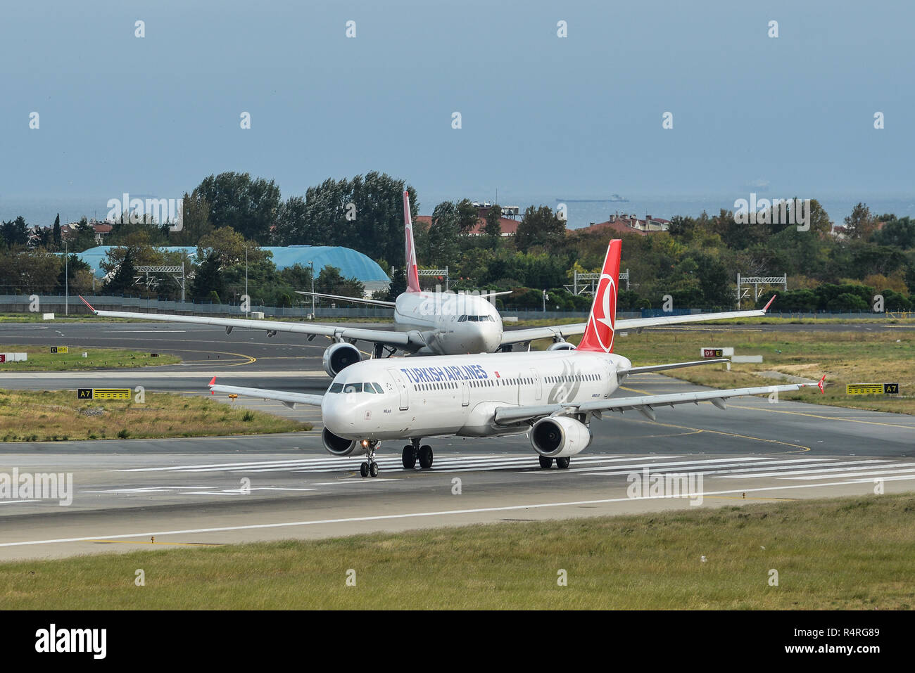 Istanbul, Turkey - Sep 30, 2018. Passenger airplanes on runway of ...