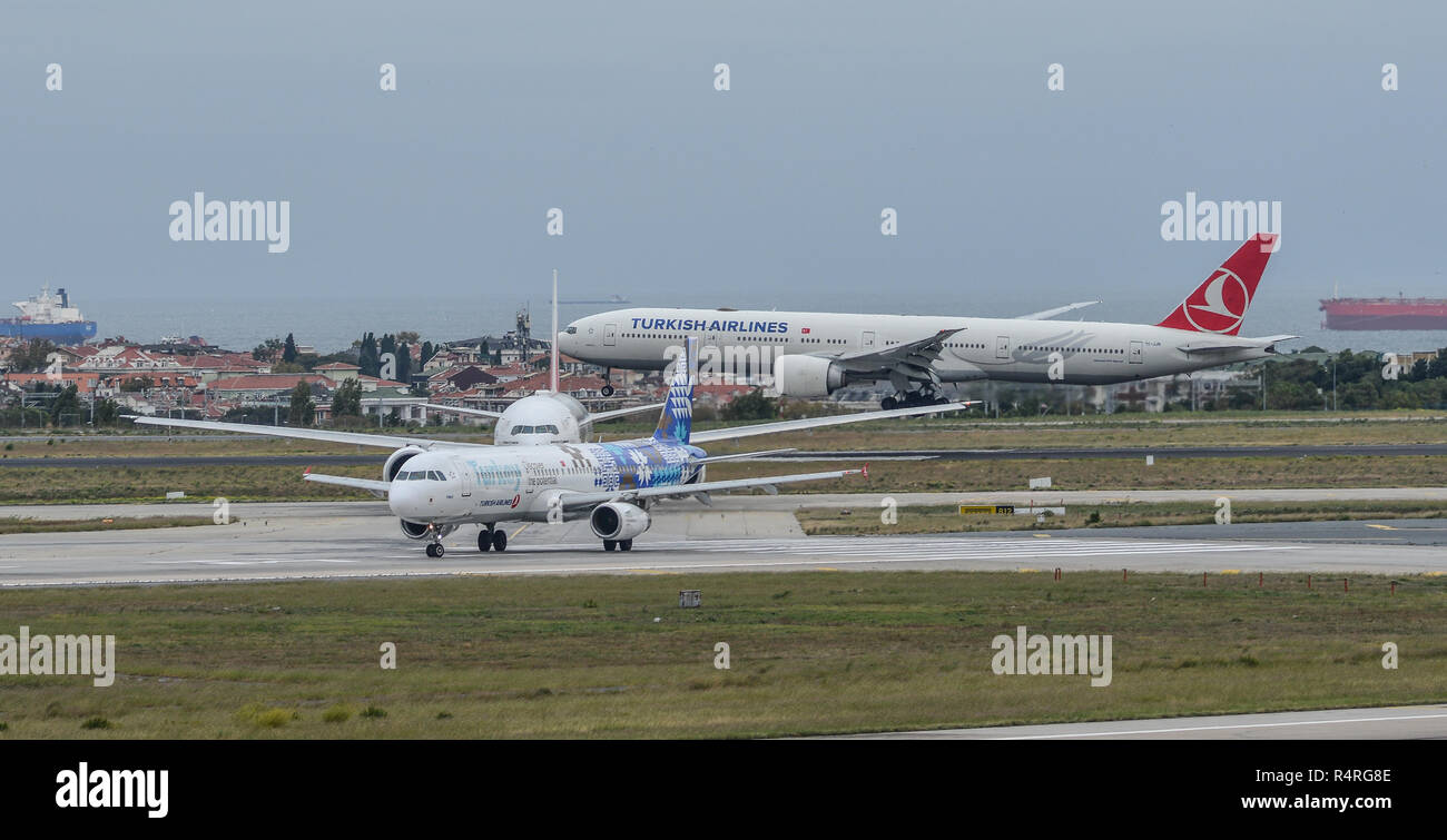 Istanbul, Turkey - Sep 30, 2018. Passenger airplanes on runway of ...