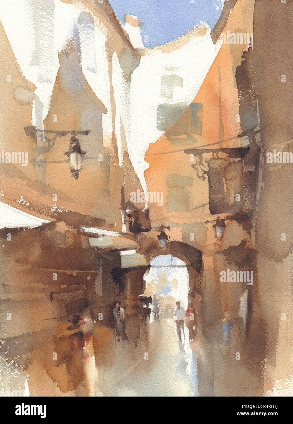 old town alley watercolor landscape. A backstreet sketch Stock Photo ...