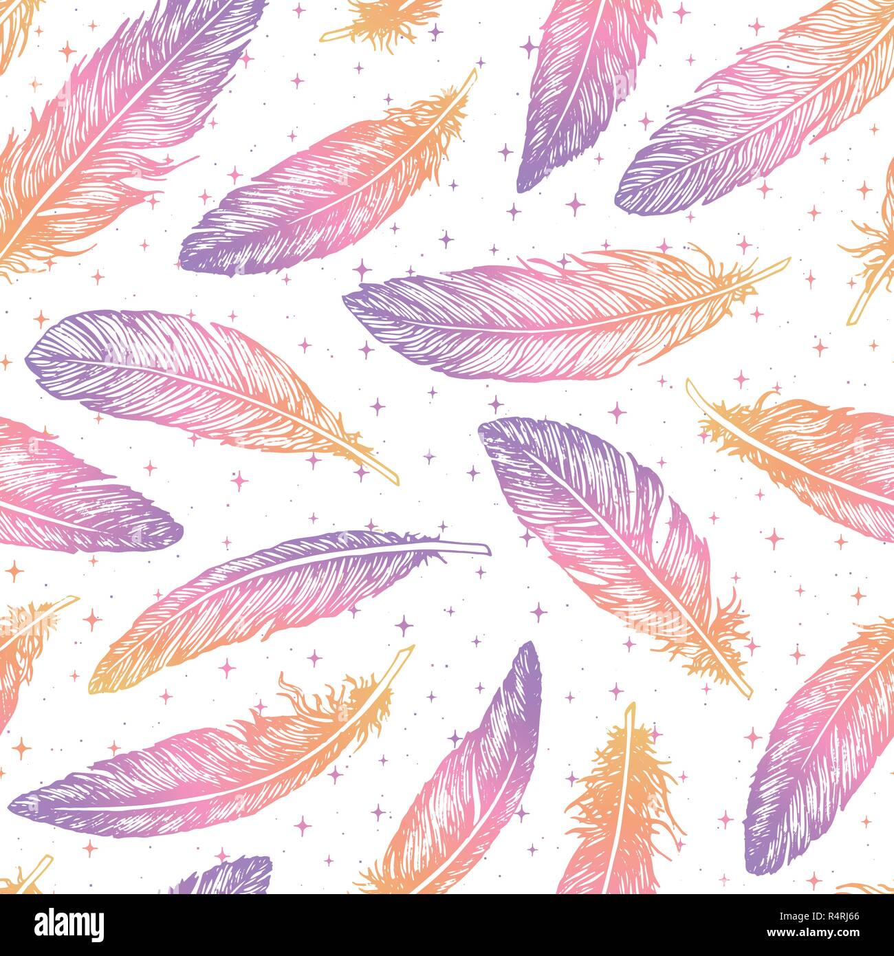 Hand drawn vector feathers line art seamless pattern on white starry ...