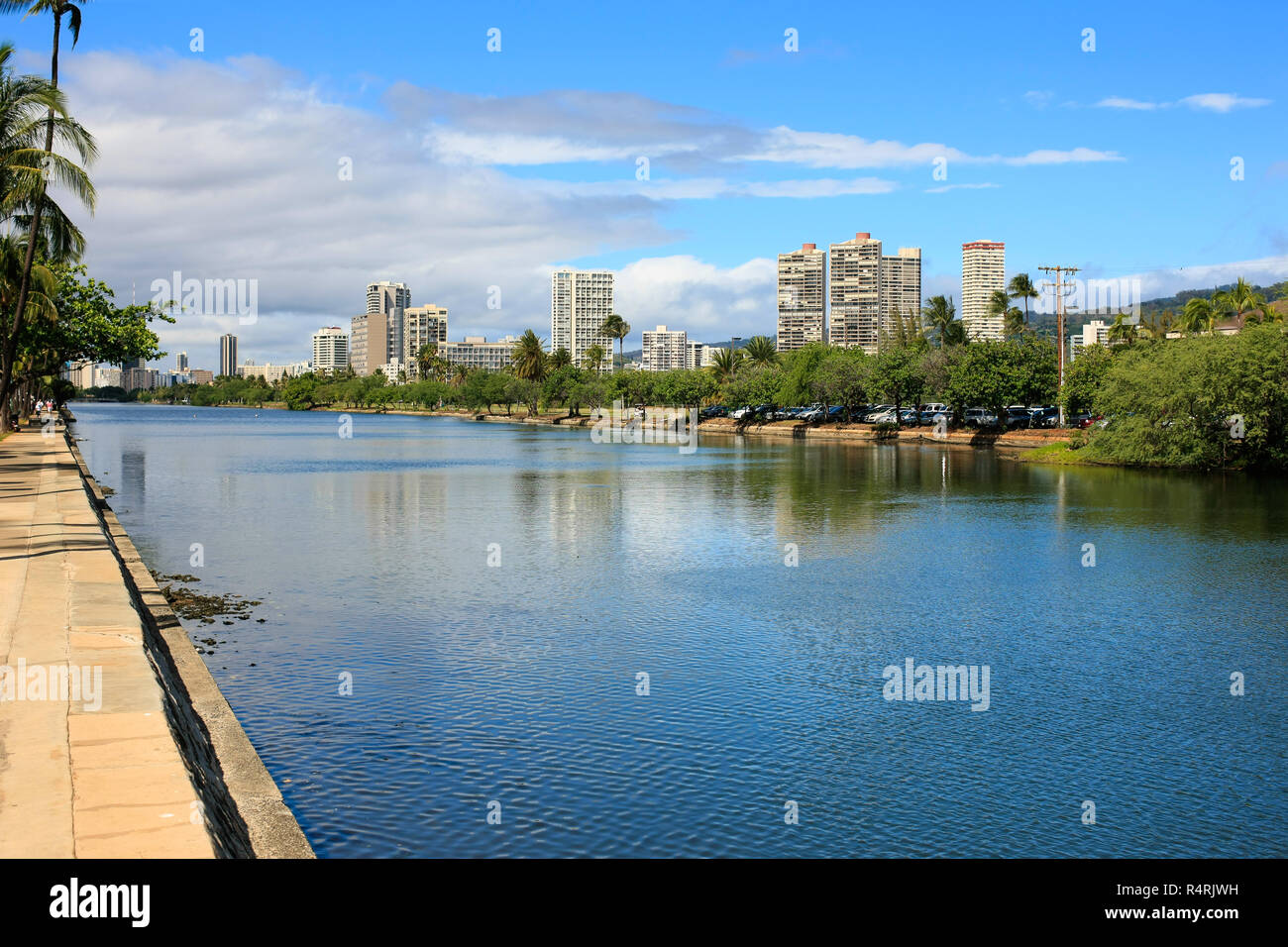 Ala Wai Canal, Waikiki, Hawaii. Long man made water course along length ...