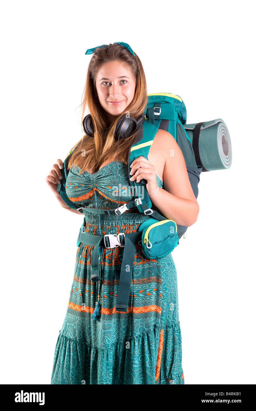 Happy hiker girl with backpack isolated in white, trekking and travel ...