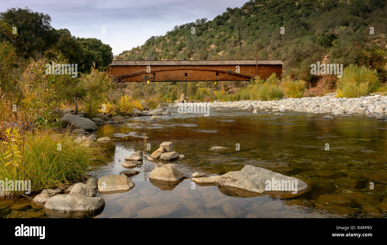 Side view of the bridgeport Covered Bridge at South Yuba River in California, USA, featuring the ...
