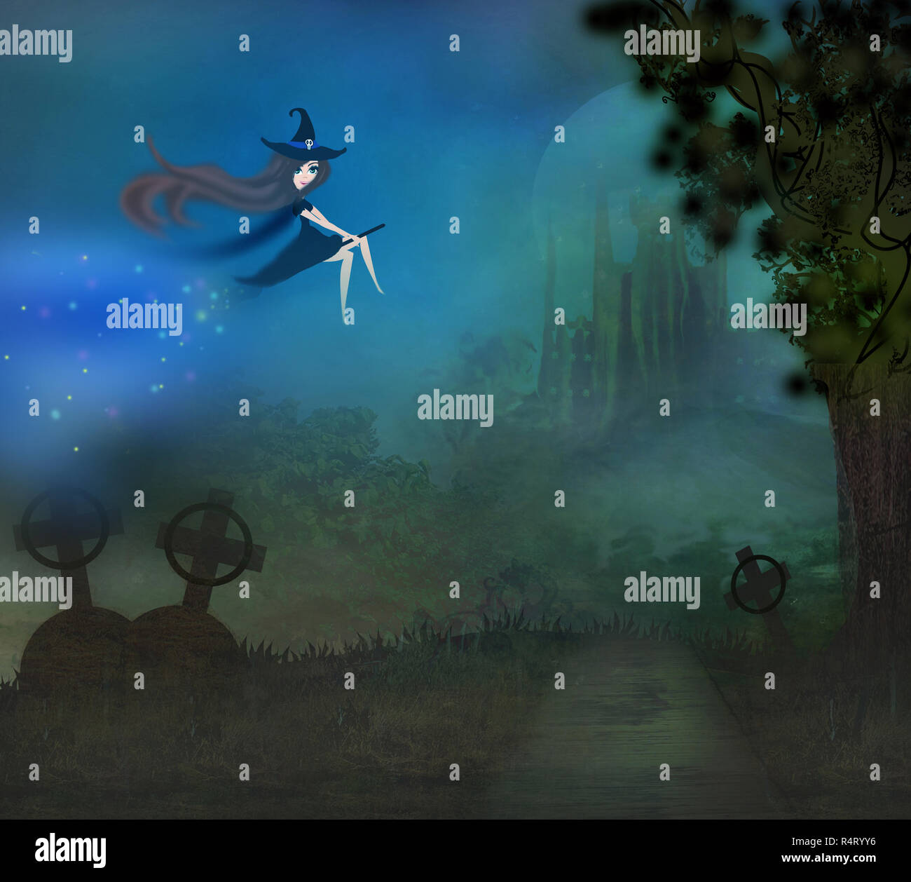 Witch flying on a broom in moonlight Stock Photo - Alamy