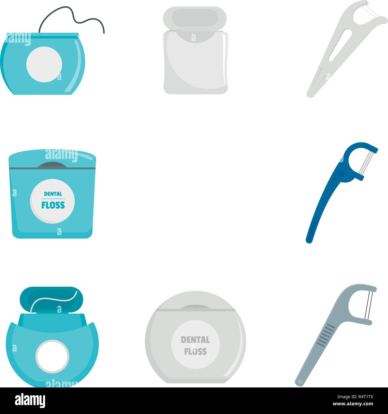 Floss dental brushing teeth icons set. Flat illustration of 9 floss ...