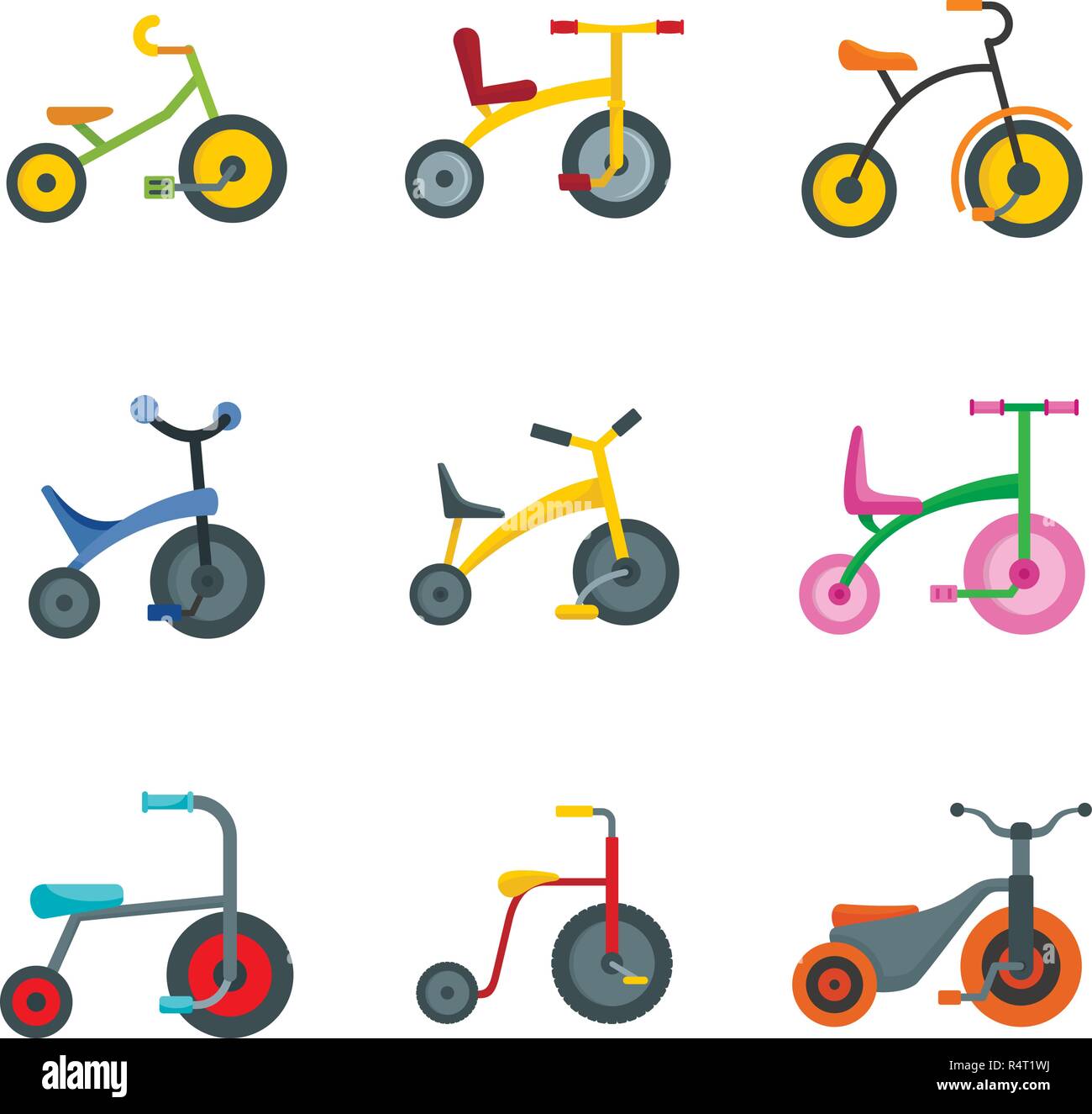 Tricycle bicycle bike wheel icons set. Flat illustration of 9 tricycle ...