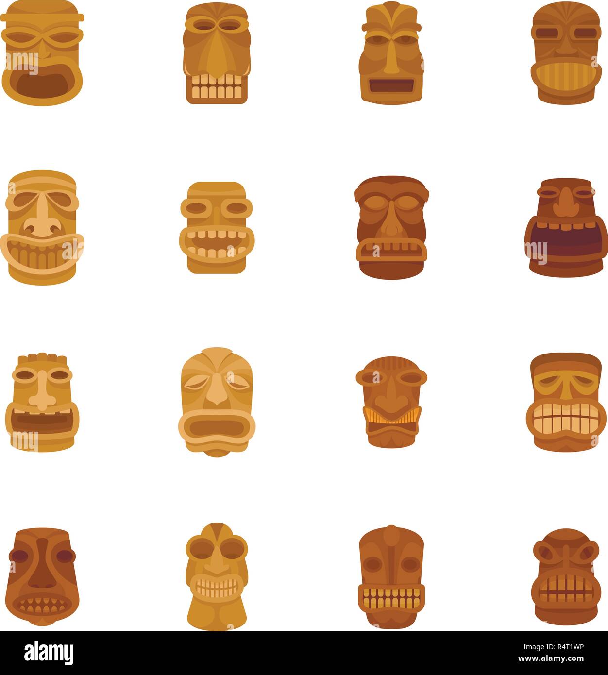 Tiki idol aztec hawaii face icons set. Flat illustration of 16 tiki ...