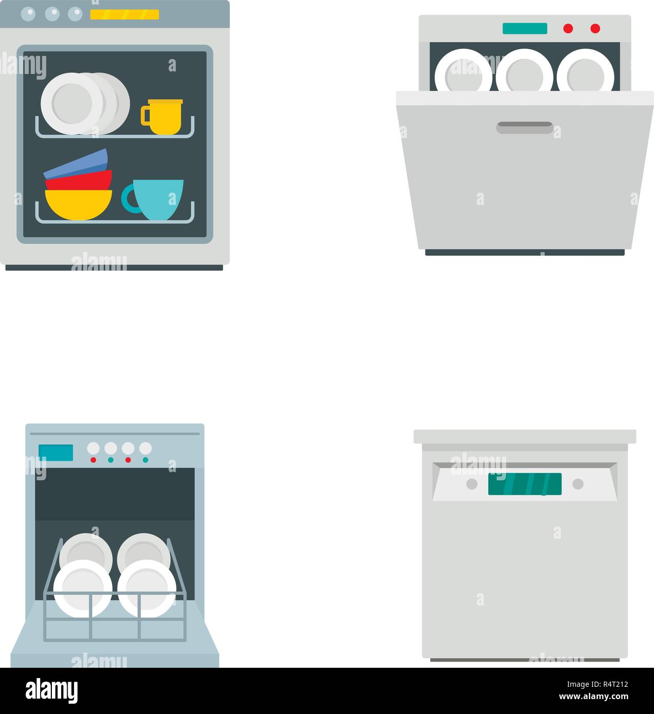 Dishwasher machine kitchen icons set. Flat illustration of 4 dishwasher ...