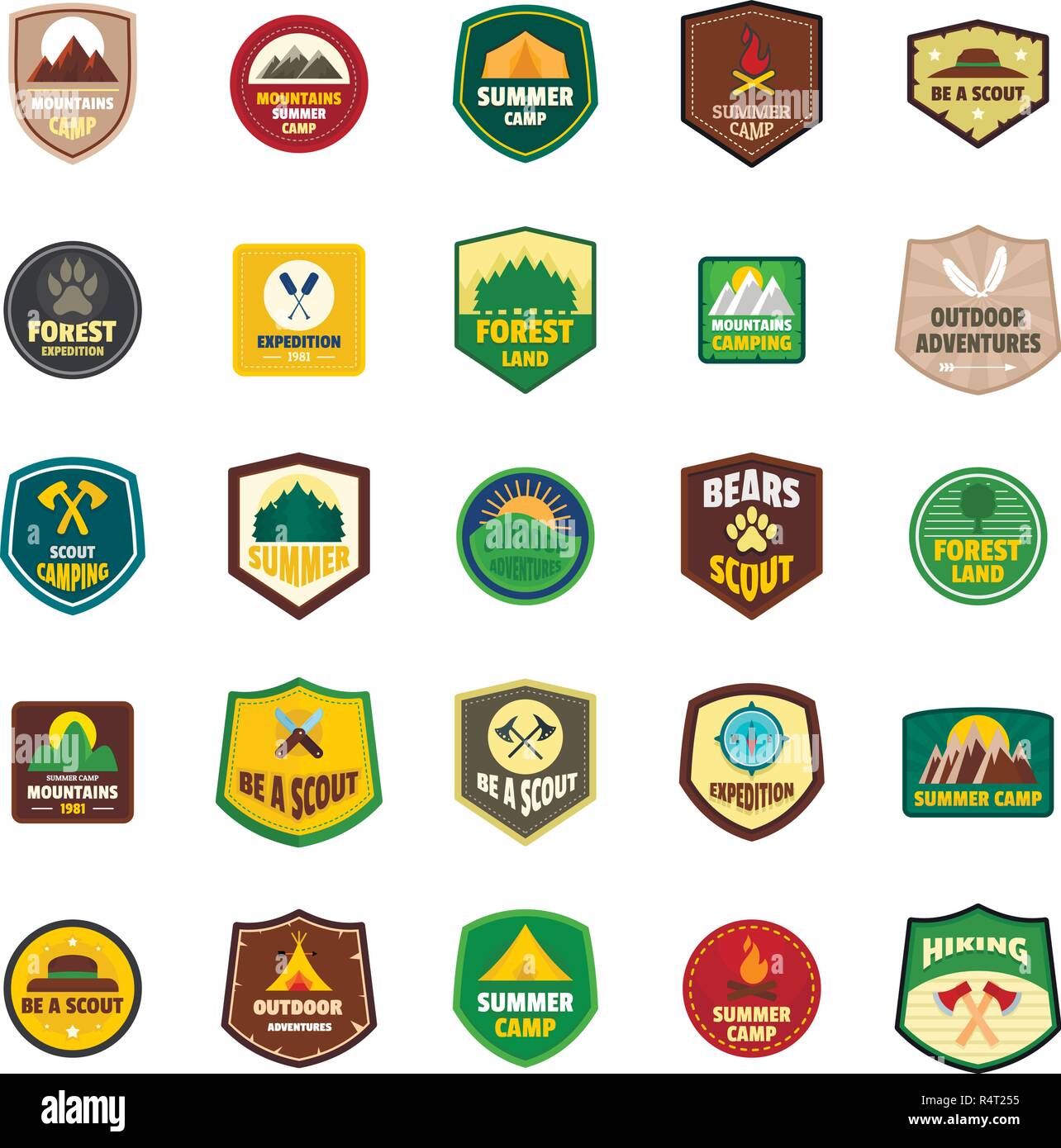 Scout badge emblem stamp icons set. Flat illustration of 25 scout badge ...