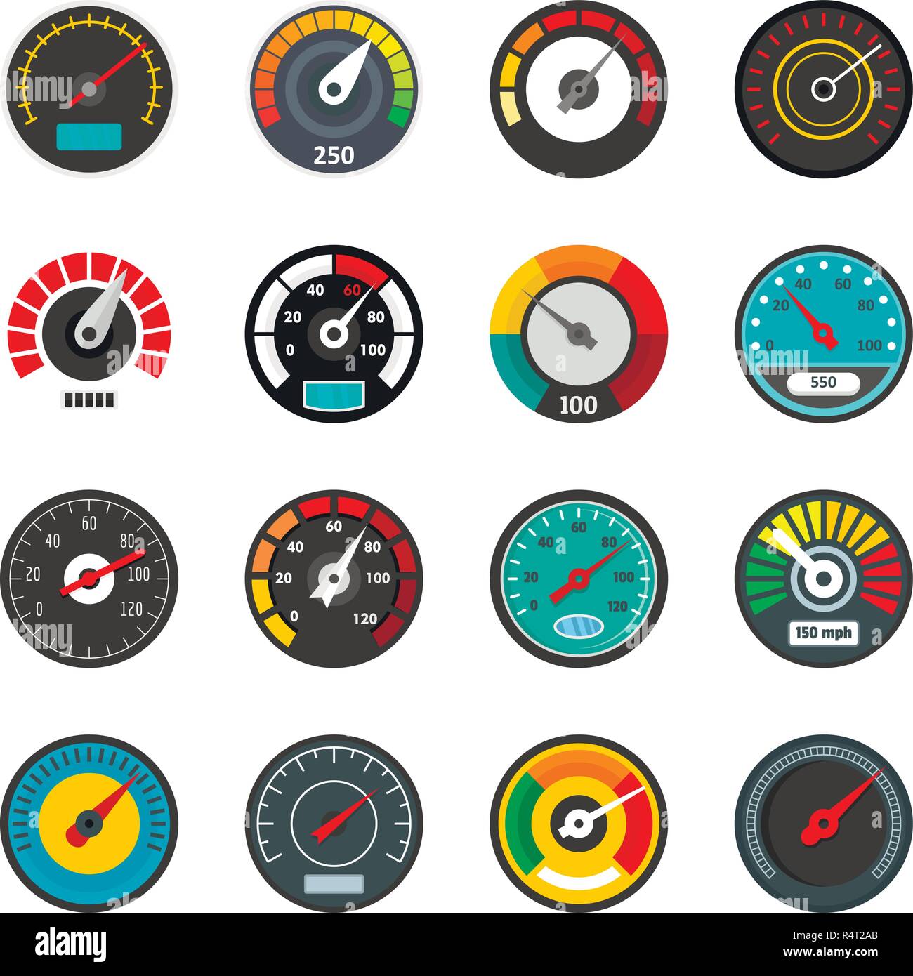 Speedometer level indicator icons set. Flat illustration of 16 speedometer level indicator ...