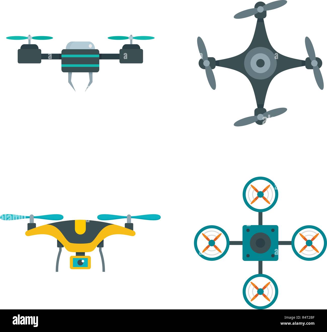 Drone delivery camera quadcopter icons set. Flat illustration of 4 drone delivery camera ...