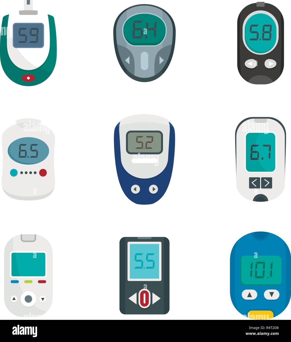 Glucose meter sugar blood test device icons set. Flat illustration of 9 ...