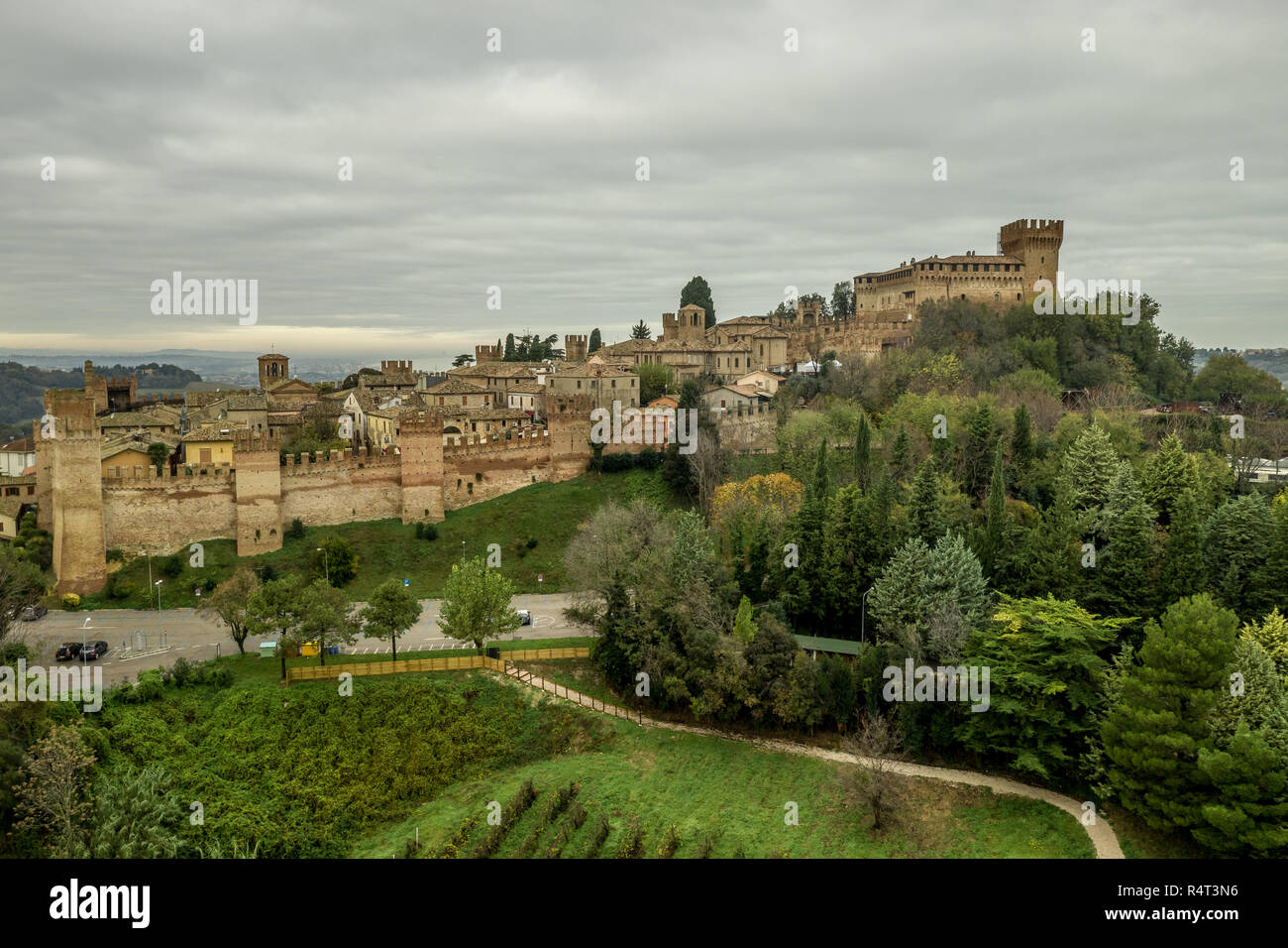 Aerial view of the walled town and castle of Gradara in Marche Italy ...