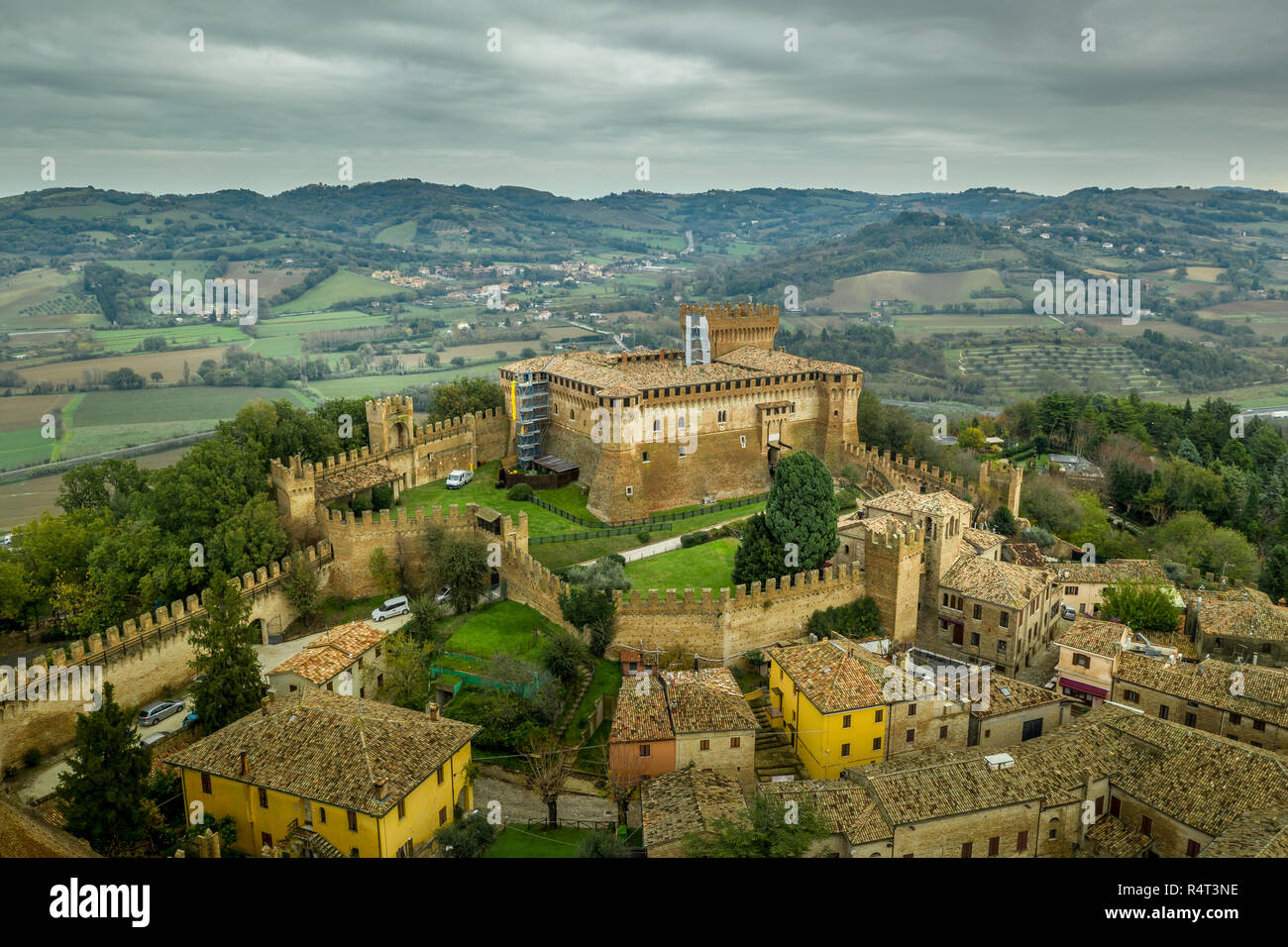 Aerial view of the walled town and castle of Gradara in Marche Italy ...