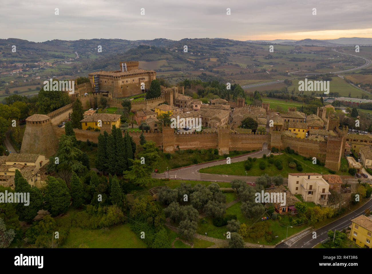 Aerial view of the walled town and castle of Gradara in Marche Italy ...