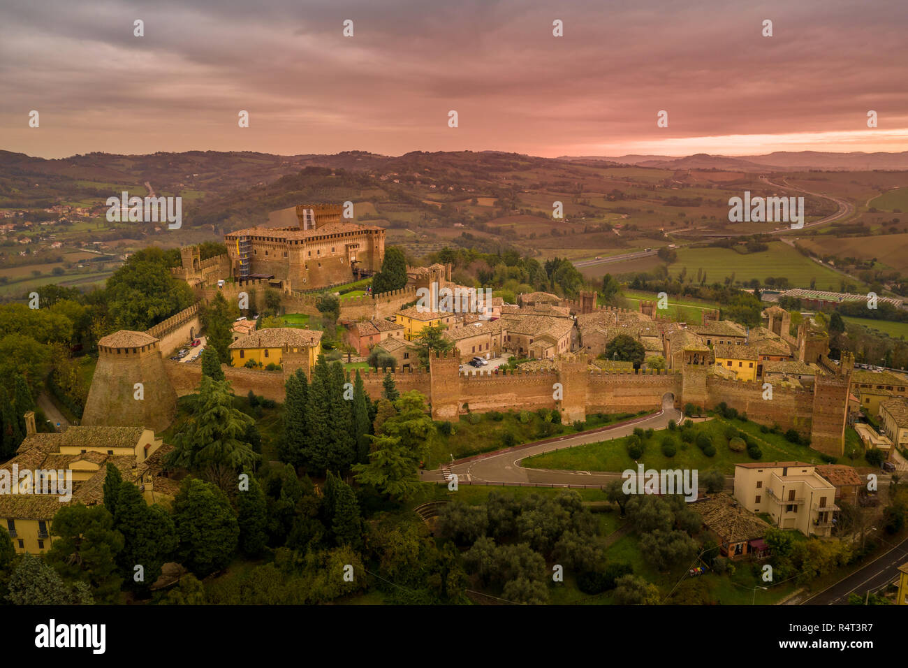 Aerial view of the walled town and castle of Gradara in Marche Italy ...