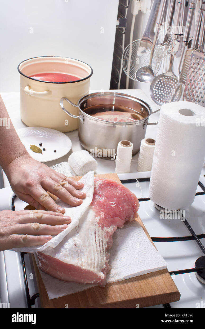 preparation raw meat for smoking. pork neck meat and bacon. decoction ...