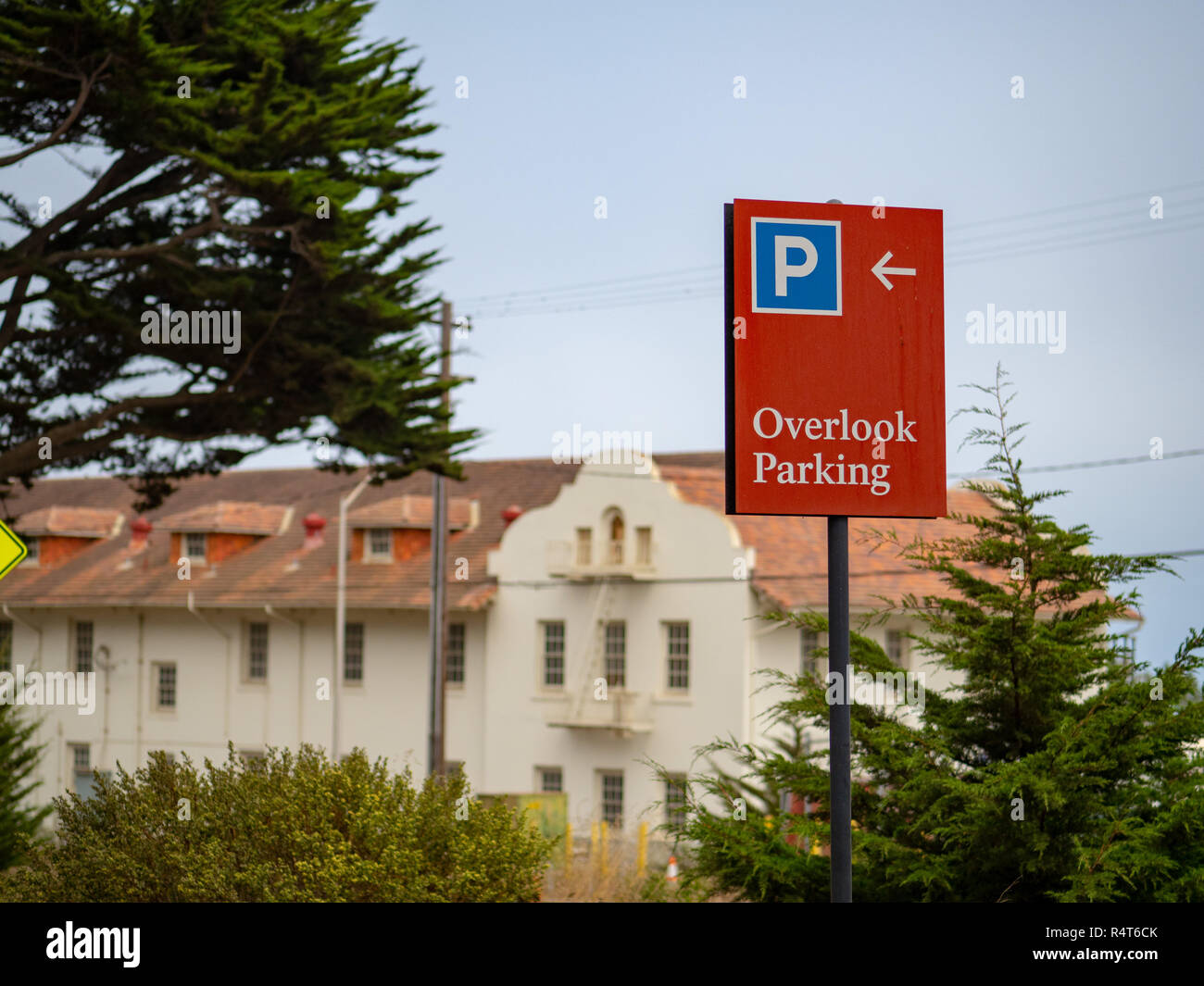 Overlook parking sign posted in a nature resort area on overcast day ...