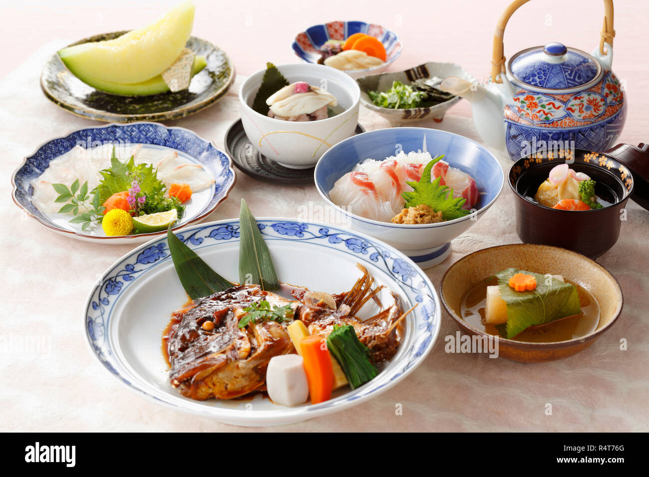 Meal of sushi with tuna, shrimp, tempura on the table in Japanese style ...