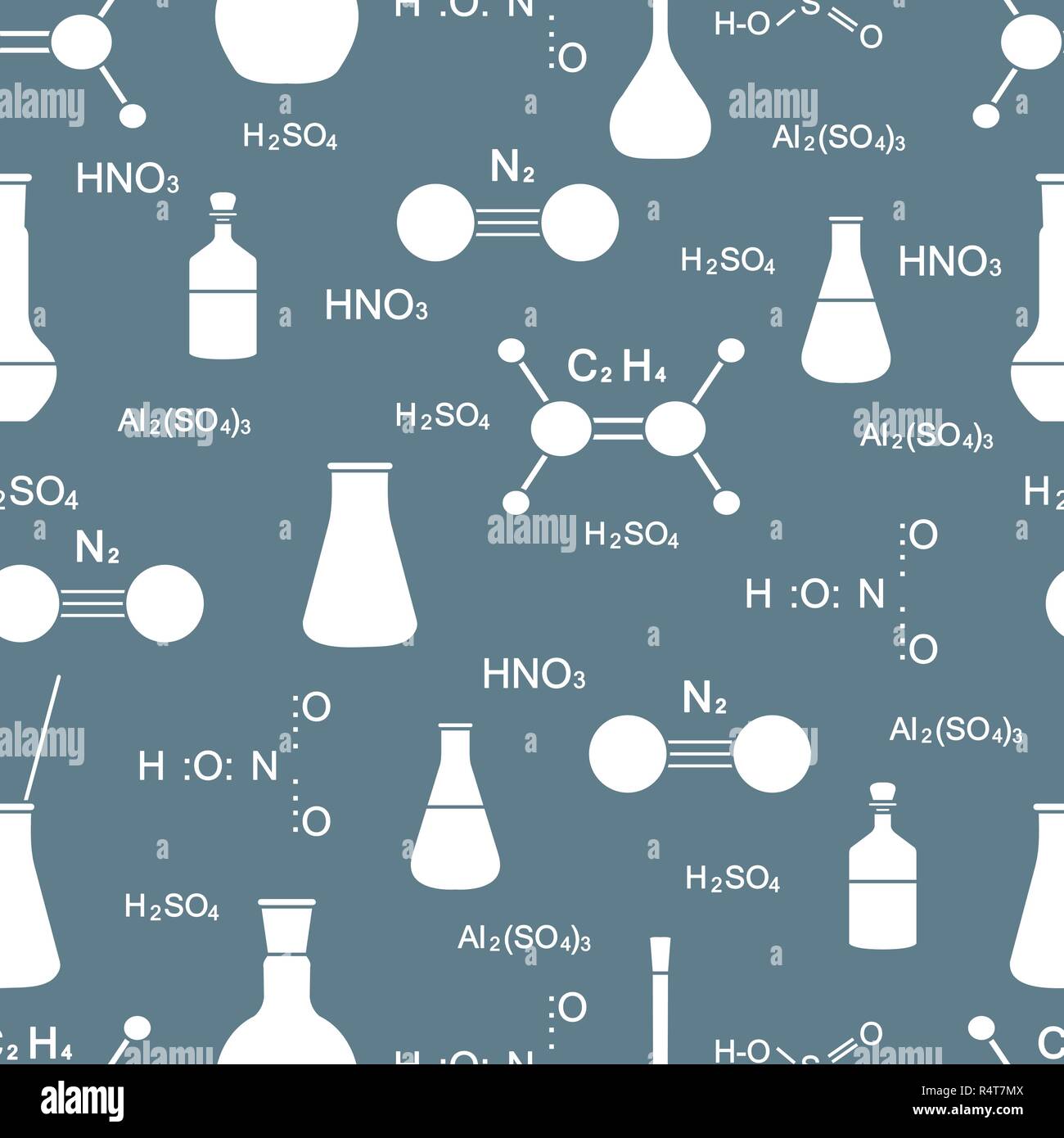 Scientific vector seamless pattern with flasks, beakers, molecule ...