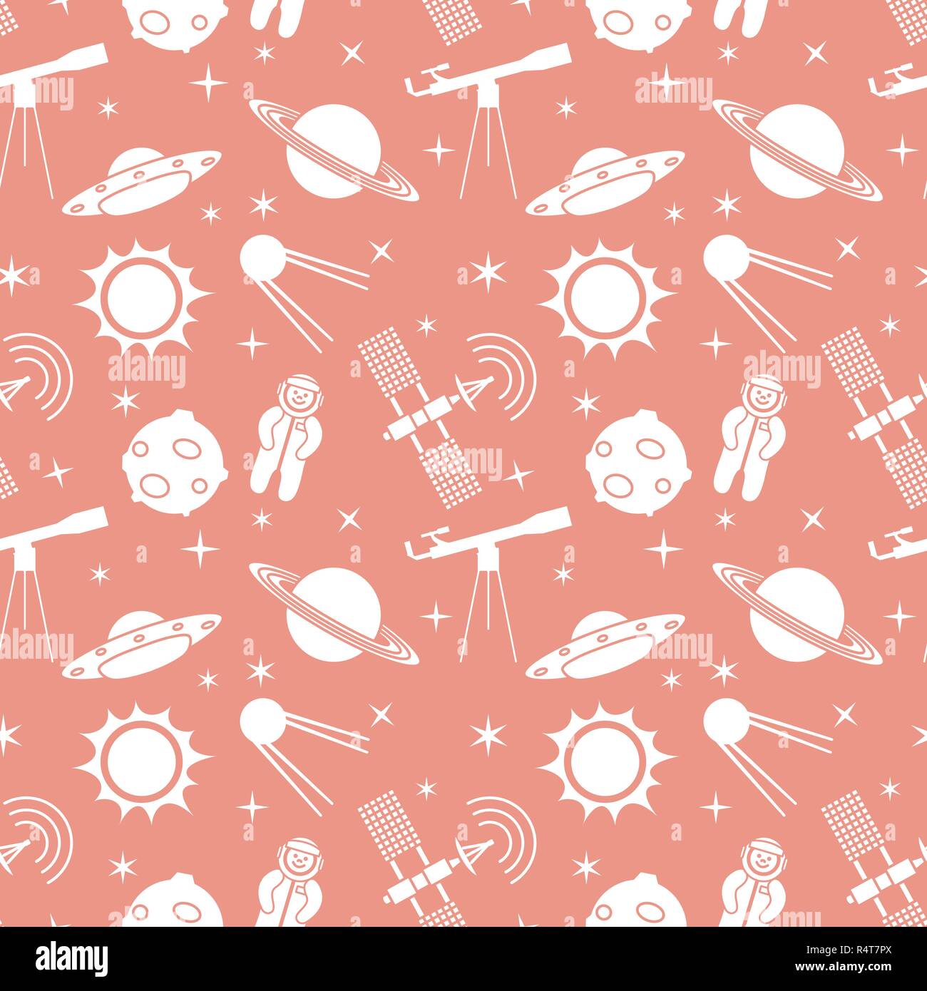 Seamless pattern with telescope, UFO, satellite, planets, astronaut ...
