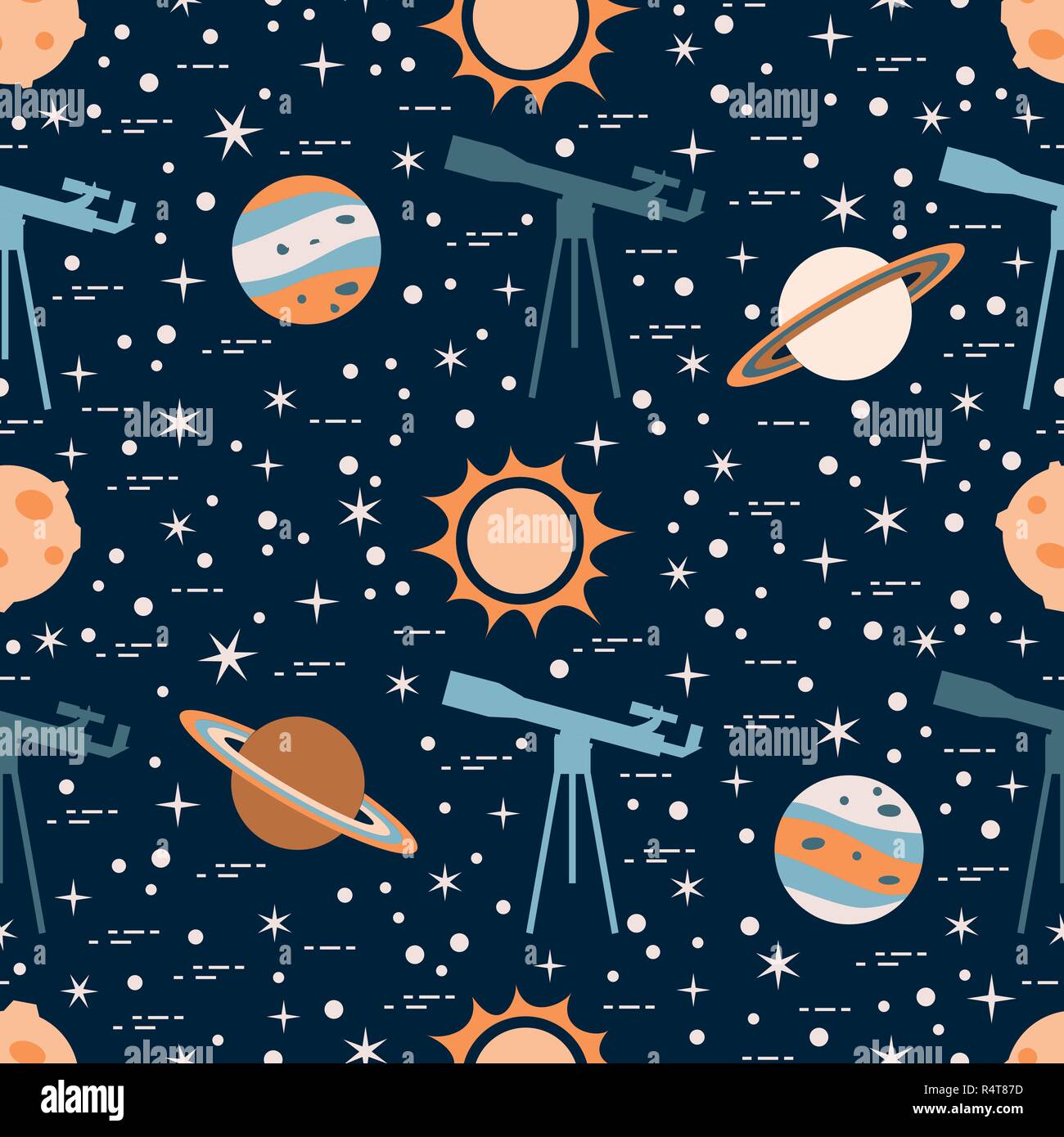 Seamless pattern with telescope, sun, planets, stars. Space exploration ...