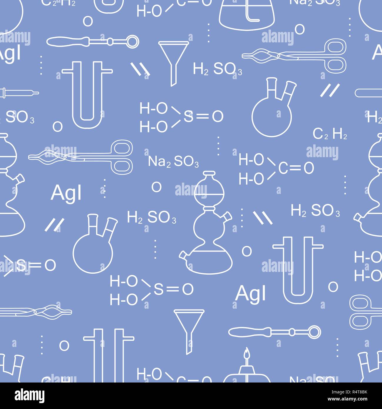 Scientific vector seamless pattern with flasks, burners, funnels, tools ...