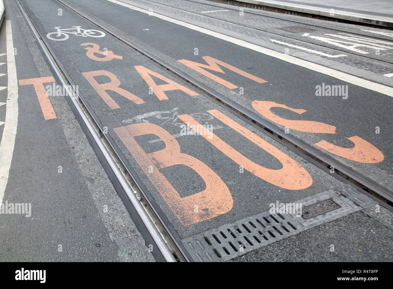 Tram Track and Bike Symbol, Dawson Street; Dublin; Ireland Stock Photo ...