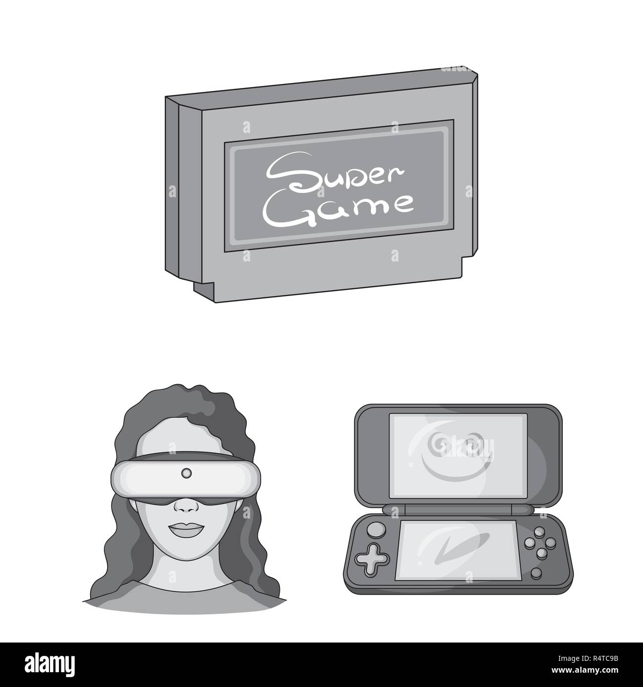 Game console and virtual reality monochrome icons in set collection for ...