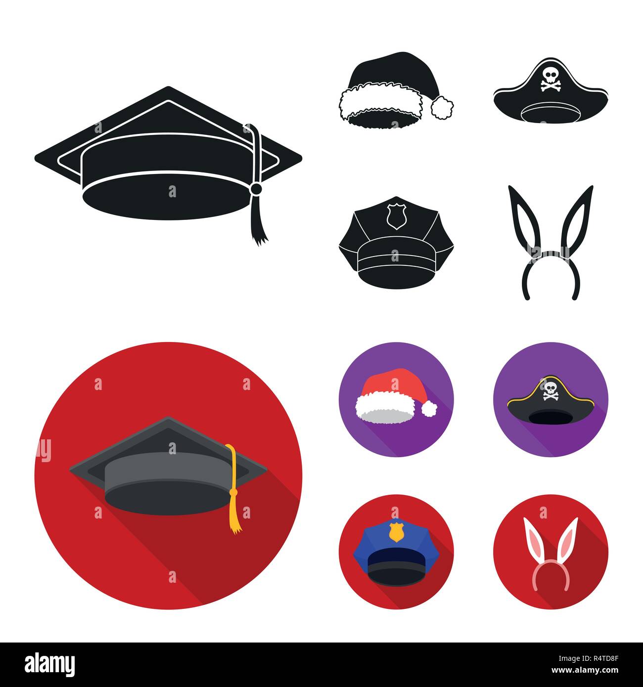Graduate, santa, police, pirate. Hats set collection icons in black ...