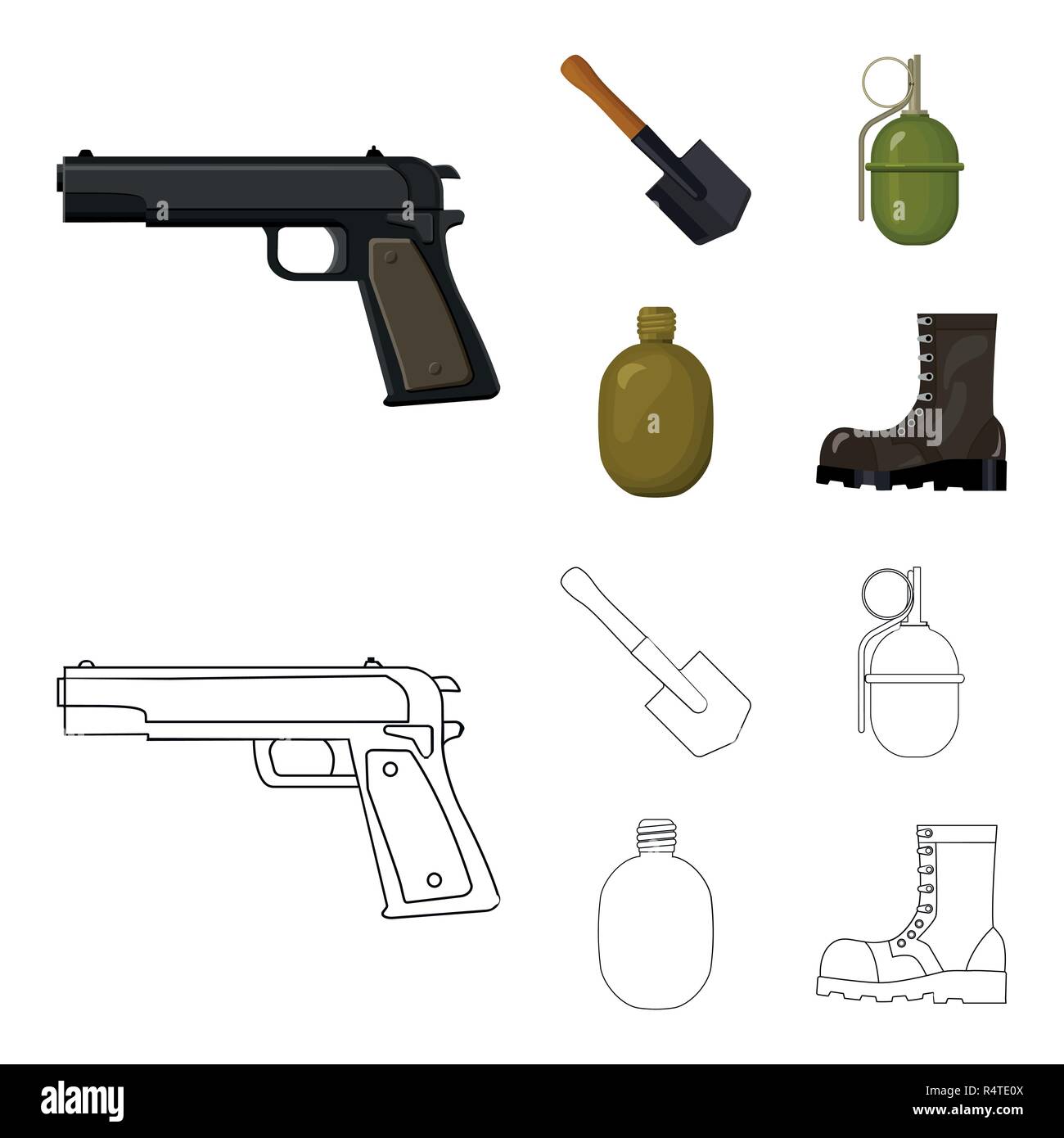 Sapper blade, hand grenade, army flask, soldier boot. Military and army ...