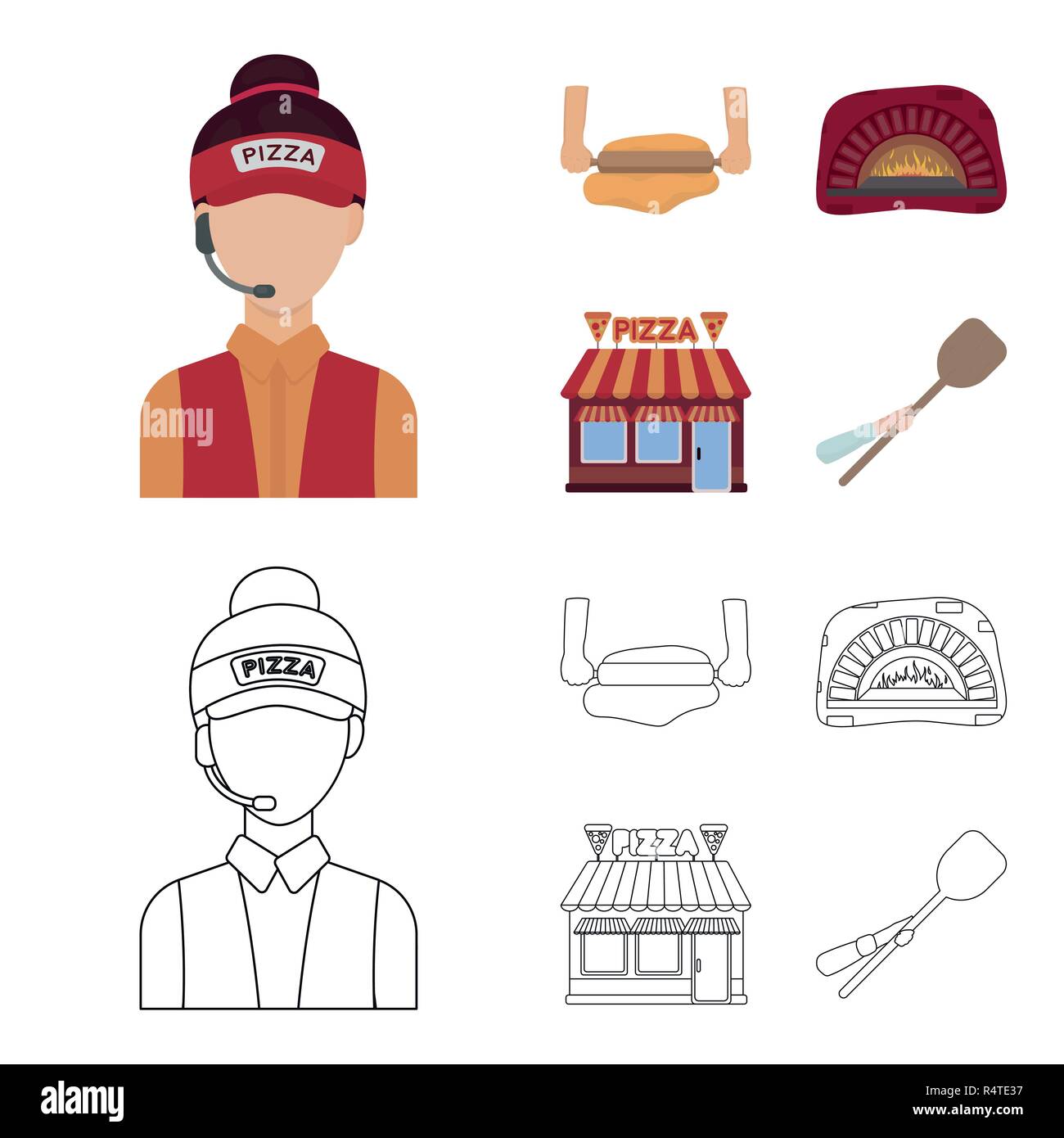 Pizza dough, oven, pizzeria building, spatula for billets. Pizza and ...